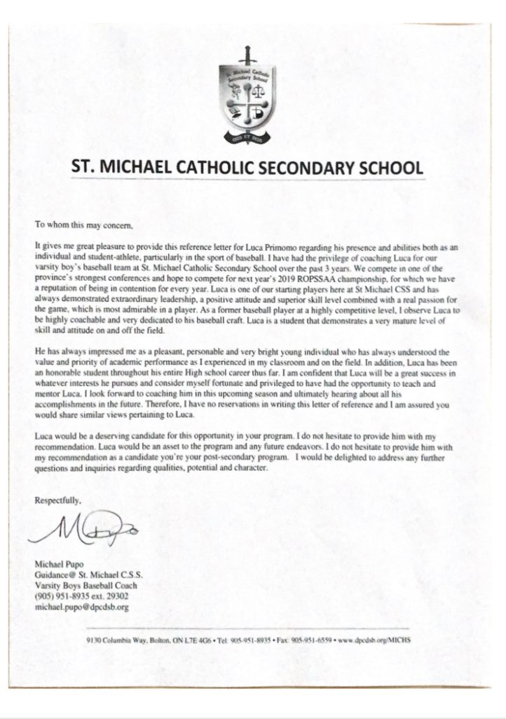 Letter of reference from Varsity Baseball Coach - Next Level U Sports